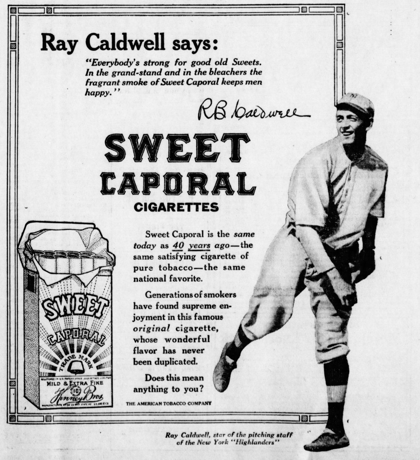 Lost Advertisements: Ray Caldwell for Sweet Caporal | Baseball History ...